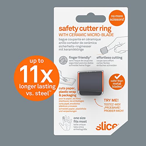 Slice 10583 Safety Cutter Ring, Fits on Tip of Finger, Package Opener, Finger Friendly Micro-Ceramic Blade Lasts 11x Longer Than Metal, Reduce Fatigue & Strain