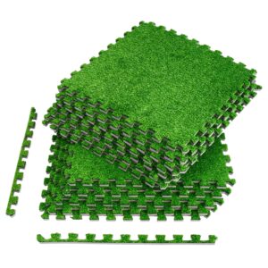 sorbus grass foam floor tiles - 12 interlocking mats of 24"x24” total of 48 sq ft for kids outdoor toys, playroom, deck, patio, basement home gym - artificial carpet grass turf indoor outdoor flooring