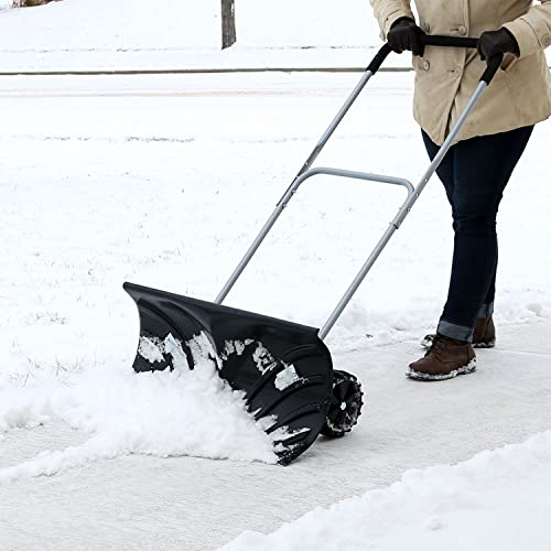 CASL Brands Snow Shovel with Wheels for Driveway - 6-Inch Polypropylene Wheels and Adjustable Aluminum Handle - 26-Inch Blade