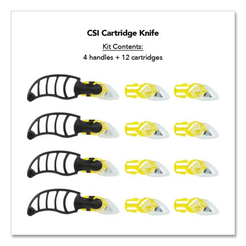 CrewSafe X-Trasafe Cartridge Knife Kit, Four Assembled Knives, 8 Replacement Blade Cartridges, Yellow