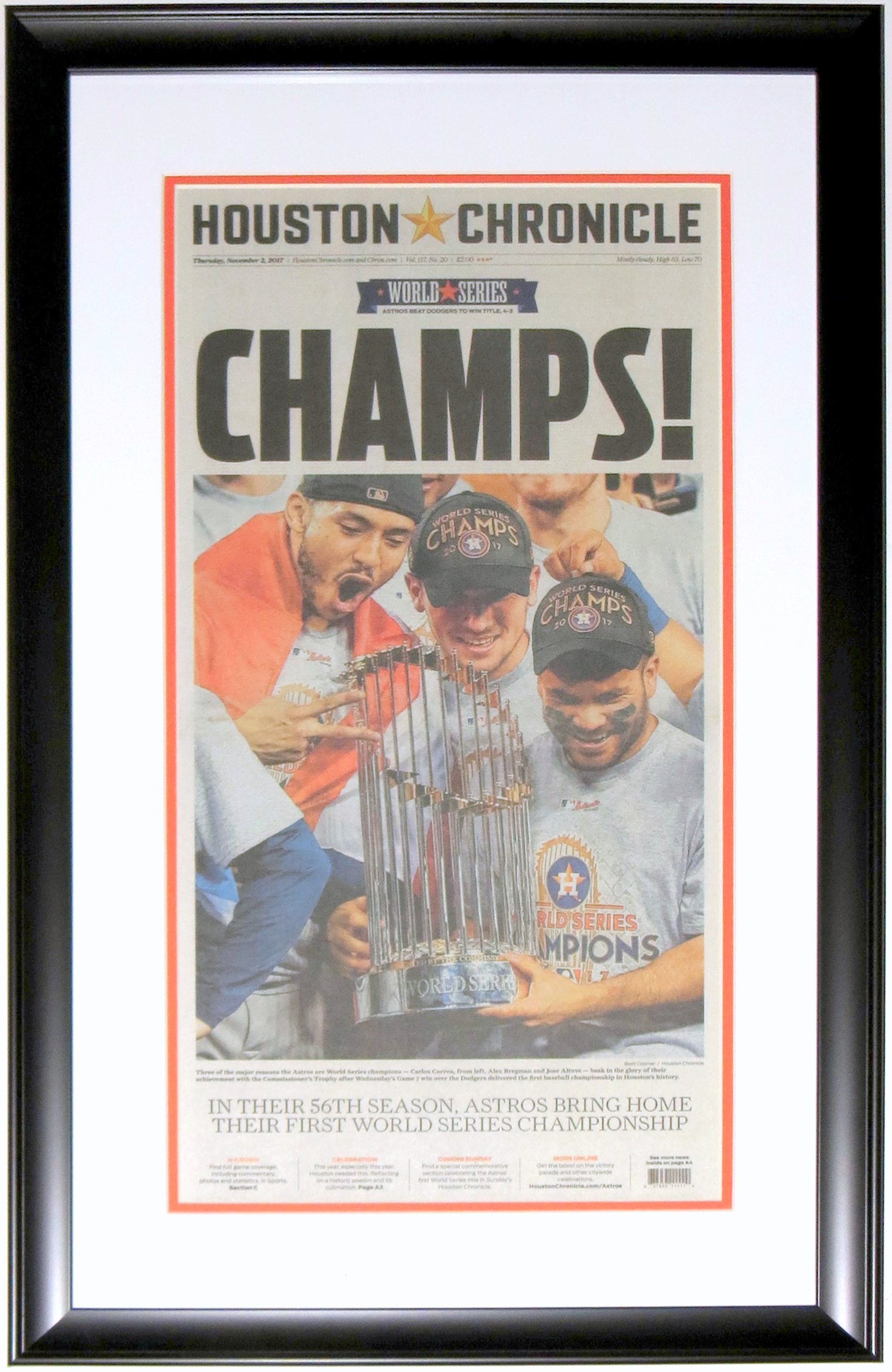 HOUSTON ASTROS 2017 WORLD SERIES HOUSTON CHRONICLE NEWSPAPER 11/2/17 - PROFESSIONALLY FRAMED 14x28