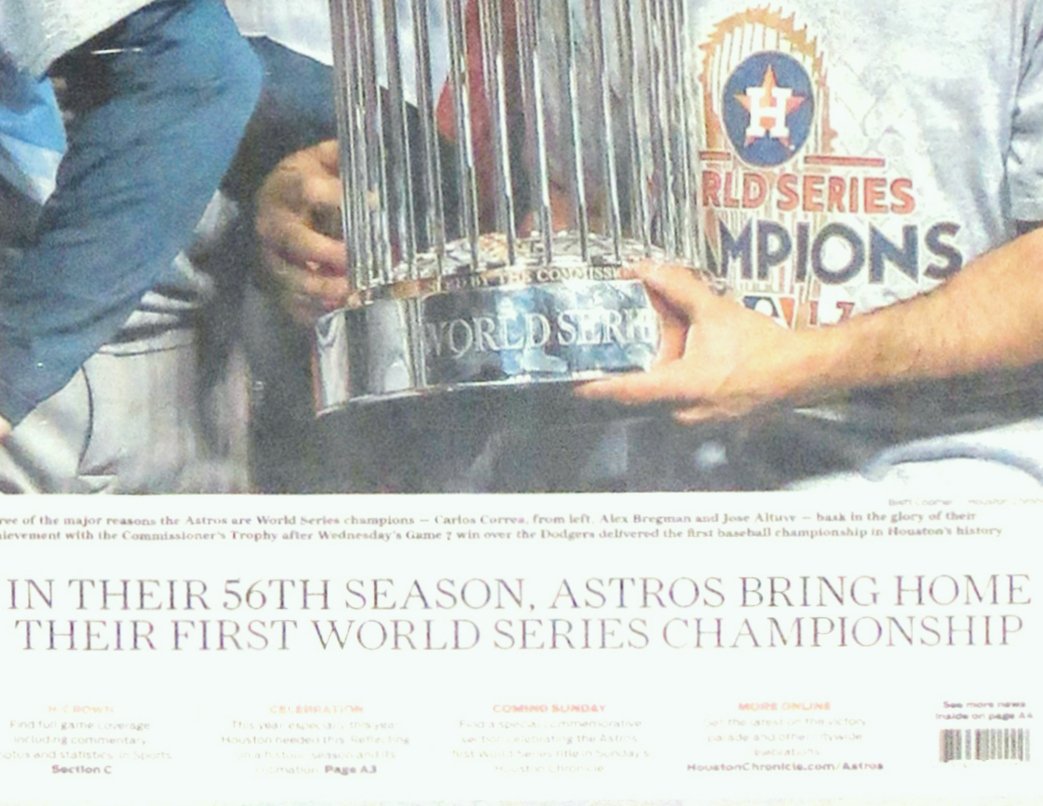 HOUSTON ASTROS 2017 WORLD SERIES HOUSTON CHRONICLE NEWSPAPER 11/2/17 - PROFESSIONALLY FRAMED 14x28