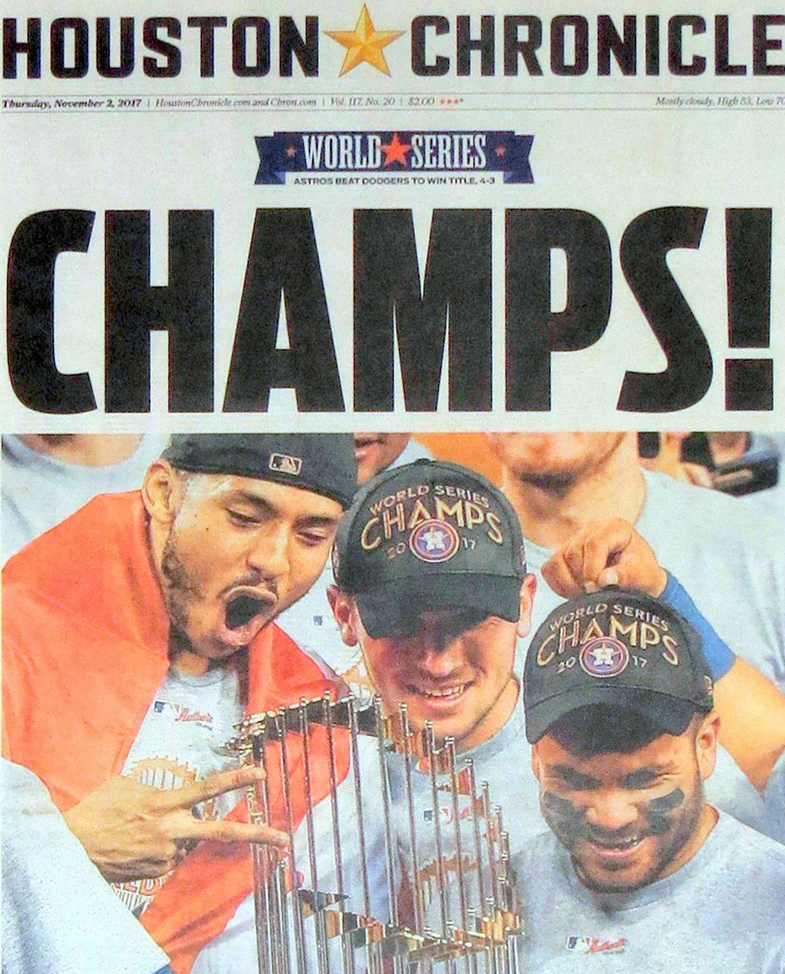 HOUSTON ASTROS 2017 WORLD SERIES HOUSTON CHRONICLE NEWSPAPER 11/2/17 - PROFESSIONALLY FRAMED 14x28