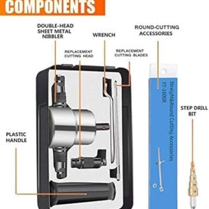 Illuminate Sheet Metal Nibbler, Double Headed Metal Cutter with Punch and Die, Extra Cutting Hole Tools and Step Drill Bit Included, Perfect for Car Repair and Household Repair Jobs