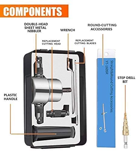 Illuminate Sheet Metal Nibbler, Double Headed Metal Cutter with Punch and Die, Extra Cutting Hole Tools and Step Drill Bit Included, Perfect for Car Repair and Household Repair Jobs