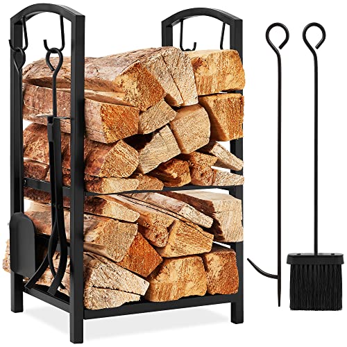 Best Choice Products 5-Piece Indoor Outdoor Wrought Iron Firewood Log Storage Rack Holder Firepit Tools Set for Fireplace, Fire Pit, Stove w/Hook, Broom, Shovel, Tongs - Black