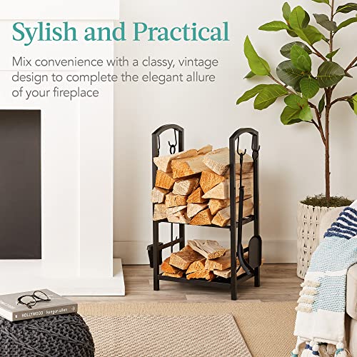 Best Choice Products 5-Piece Indoor Outdoor Wrought Iron Firewood Log Storage Rack Holder Firepit Tools Set for Fireplace, Fire Pit, Stove w/Hook, Broom, Shovel, Tongs - Black