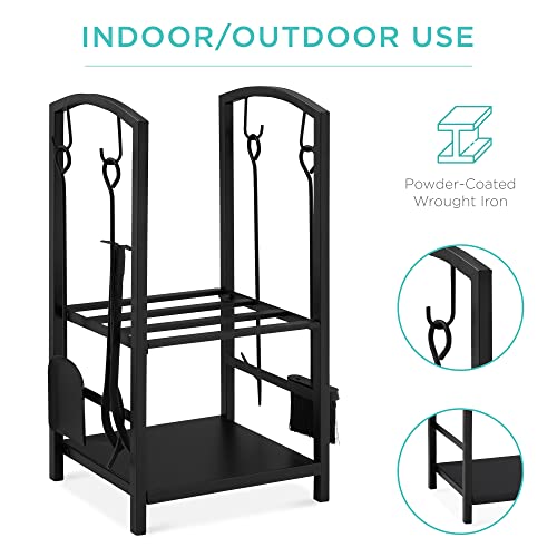 Best Choice Products 5-Piece Indoor Outdoor Wrought Iron Firewood Log Storage Rack Holder Firepit Tools Set for Fireplace, Fire Pit, Stove w/Hook, Broom, Shovel, Tongs - Black