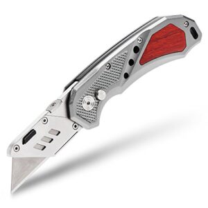 fc folding heavy duty utility knife - pocket box cutter with holster, quick change blades, razor sharp, lockback design, lightweight aluminum body & wood trim