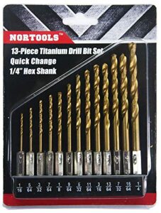 nortools hex shank drill bit set 13 pcs high speed steel titanium coated twist drill bits 1/4 inch quick change hex driver set for wood plastic aluminum alloy (1/16" - 1/4")