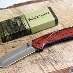 Buckshot Knives PBK220 Thumb Open Spring Assisted Tanto Cleaver Classic Wood Handle Pocket Knives (PBK220WD)