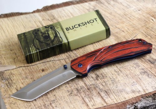 Buckshot Knives PBK220 Thumb Open Spring Assisted Tanto Cleaver Classic Wood Handle Pocket Knives (PBK220WD)