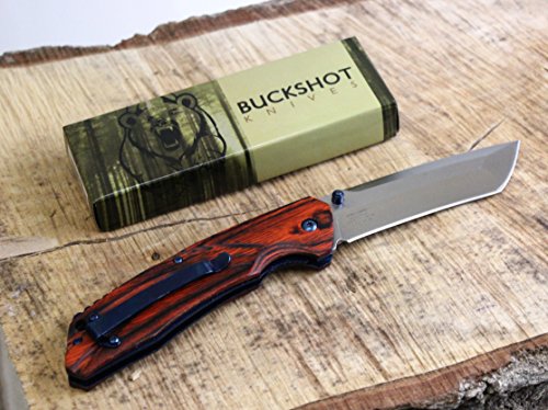 Buckshot Knives PBK220 Thumb Open Spring Assisted Tanto Cleaver Classic Wood Handle Pocket Knives (PBK220WD)