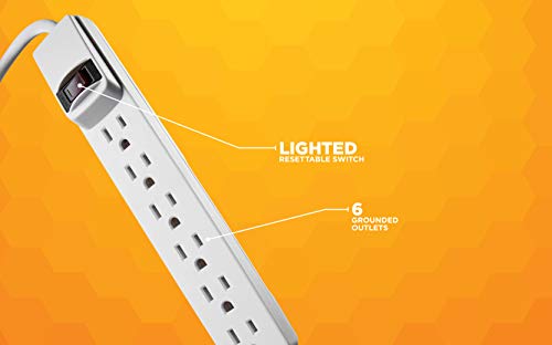 Woods 41434 Power Strip with 6 Outlets and Overload Safety Feature, 6 Foot Cord, White