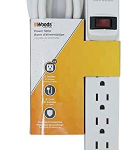 Woods 41434 Power Strip with 6 Outlets and Overload Safety Feature, 6 Foot Cord, White