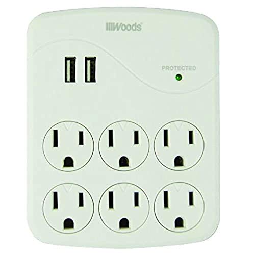 Woods 41079 Surge Protector with 6 Outlets and 2 USB Type A Ports with 1000J of Protection, White