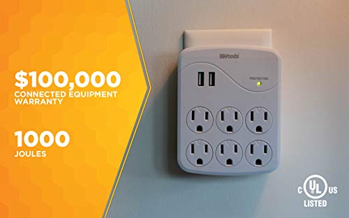 Woods 41079 Surge Protector with 6 Outlets and 2 USB Type A Ports with 1000J of Protection, White