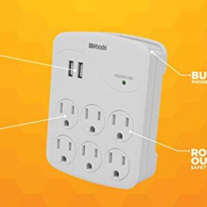 Woods 41079 Surge Protector with 6 Outlets and 2 USB Type A Ports with 1000J of Protection, White