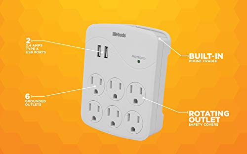 Woods 41079 Surge Protector with 6 Outlets and 2 USB Type A Ports with 1000J of Protection, White