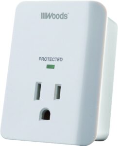 woods 41008 surge protector one 3-prong power outlet led indicator light and alarm, 1080j, white