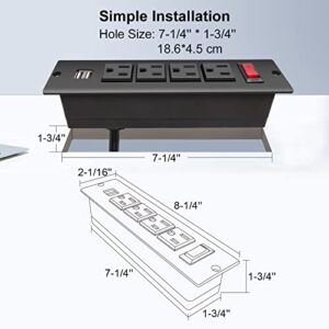 Recessed Power Strip with USB Flush Mount Power Outlet Built in Desktop Power Extension Cord Plug for Countertop Kitchen Drawer Conference Cabinet Nightstand Desk.