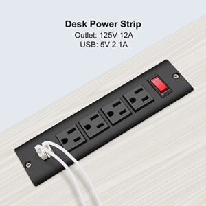 Recessed Power Strip with USB Flush Mount Power Outlet Built in Desktop Power Extension Cord Plug for Countertop Kitchen Drawer Conference Cabinet Nightstand Desk.