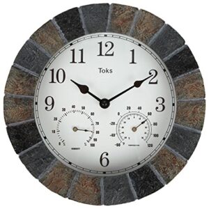 lily's home hanging wall clock, includes a thermometer and hygrometer and is ideal for indoor and outdoor use, faux-slate (10 inches)