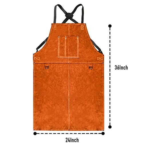 Leather Welding Work Apron - Heat Resistant & Flame Resistant Bib Apron, Flame Retardant Heavy Duty BBQ Apron, Adjustable Fit M-XXXL Men & Women (24" X 36" Tan)