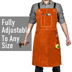 Leather Welding Work Apron - Heat Resistant & Flame Resistant Bib Apron, Flame Retardant Heavy Duty BBQ Apron, Adjustable Fit M-XXXL Men & Women (24" X 36" Tan)