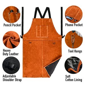 Leather Welding Work Apron - Heat Resistant & Flame Resistant Bib Apron, Flame Retardant Heavy Duty BBQ Apron, Adjustable Fit M-XXXL Men & Women (24" X 36" Tan)