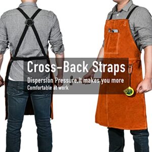 Leather Welding Work Apron - Heat Resistant & Flame Resistant Bib Apron, Flame Retardant Heavy Duty BBQ Apron, Adjustable Fit M-XXXL Men & Women (24" X 36" Tan)