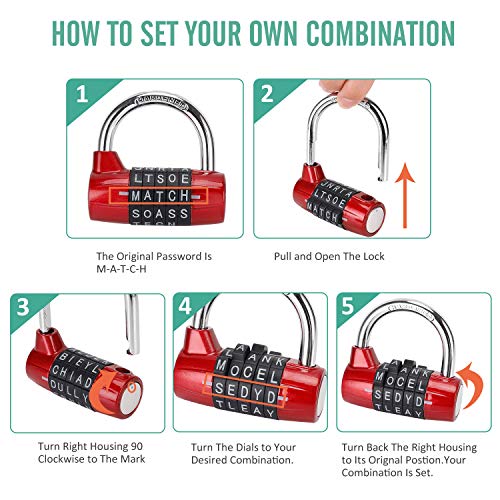 Gym Locker Lock,5 Letter Heavy Duty Alloy Padlock Password Sturdy Security Padlock-Easy to Set Your Own Keyless Resettable Combo-Red