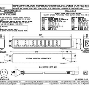 Universal Power Strip for Australia, New Zealand. Multi-Configuration 6 Outlet, 13 Ampere-250 Volt PDU, 50/60HZ, C-14 Power Inlet, Surge Protection, Illuminated On/Off Circuit Breaker.