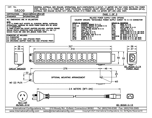 Universal Power Strip for Australia, New Zealand. Multi-Configuration 6 Outlet, 13 Ampere-250 Volt PDU, 50/60HZ, C-14 Power Inlet, Surge Protection, Illuminated On/Off Circuit Breaker.