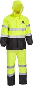 john deere unisex high visability ansi class iii rain suit jacket and bib with color block, high visability, water resistant, and reflective 3m tape, yellow, black, large (jd44530/l)