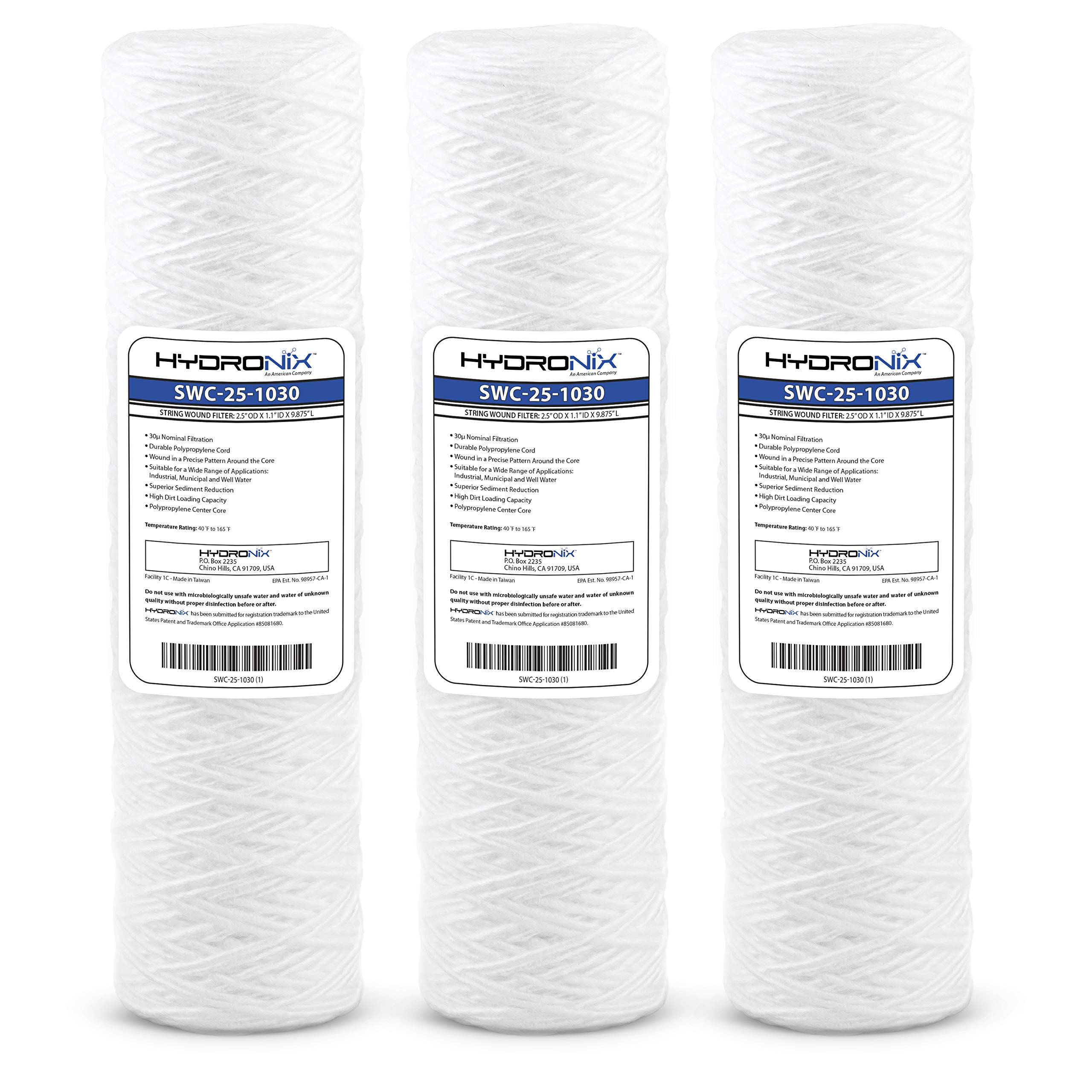 Hydronix SWC-25-1050 Universal Whole House String Wound Sediment Water Filter Cartridge 2.5" x 10" - 50 Micron (3 Pack)