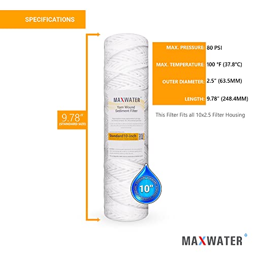 (25 Pack) Standard 10"x2.5" String Wound Sediment Water Filter (5 Micron), Hard Well, Whole House, WVO Biodiesel, compatible with Standard RO Reverse Osmosis Systems, WH Systems