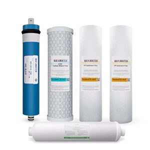 max water replacement filter set for standard 5 stage reverse osmosis water filter system filters - 10 inch standard size water filters 5 micron sediment, cto, 1 micron sediment, ro membrane 100 gpd