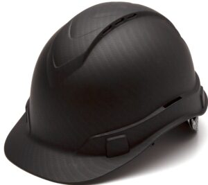 pyramex ridgeline cap style hard hat, vented, 4-point ratchet suspension, black graphite pattern