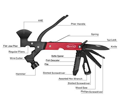 RoverTac Camping Essentials Multi Tool Axe Hatchet Survival Gear 14-in-1 Multitool Knife Hammer Pliers Saw Bottle Can Opener Screwdriver Multitool for Camping Hiking Survival Christmas Gifts for Men