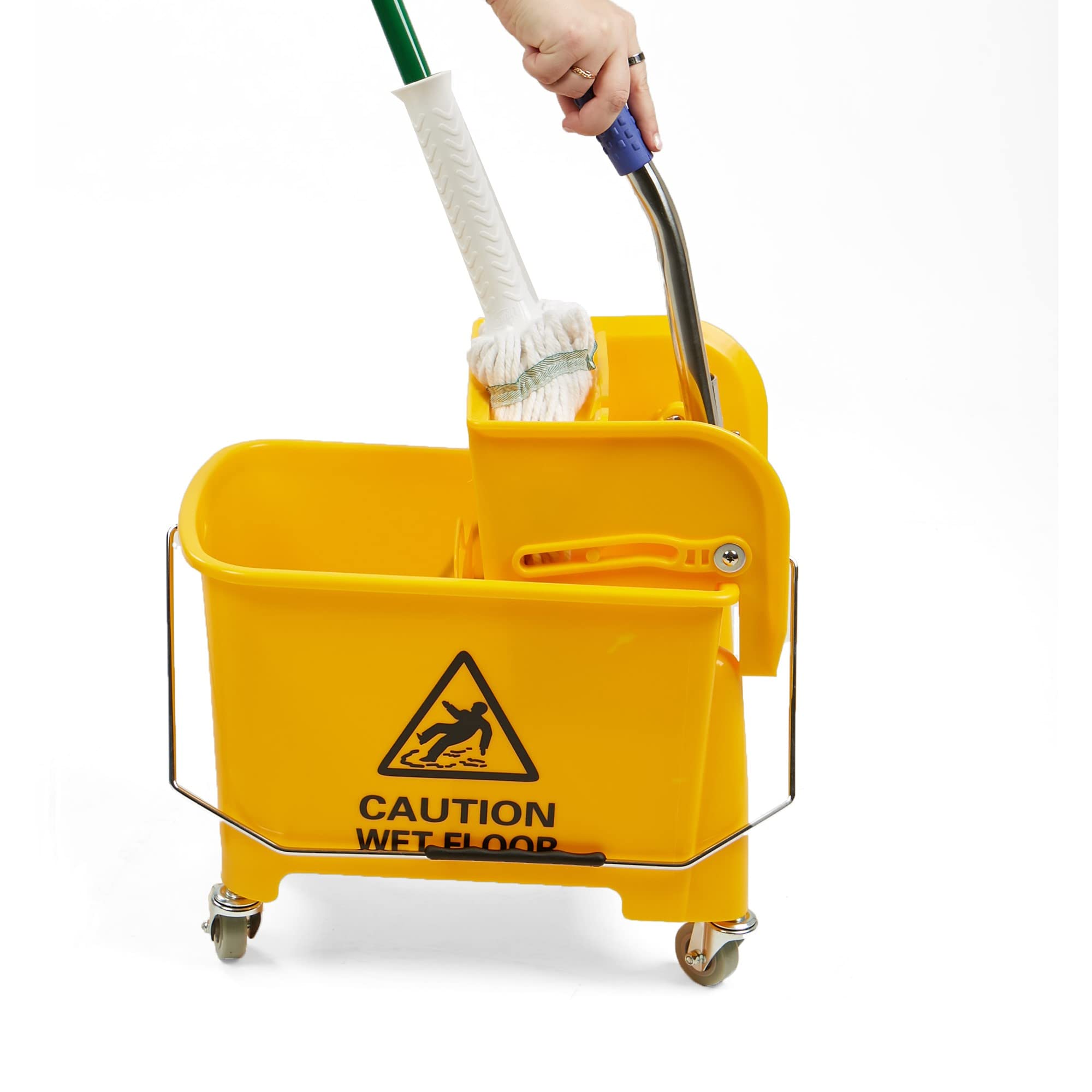 Mind Reader Mobile Heavy Duty Mop Bucket with Upward Press Wringer, 22-Quart (5.5 Gallon) Capacity, 16.25"L x 10.75"W x 24.5"H, Yellow