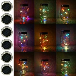 6 pack mason jar lights, 10 led solar colorful flicker fairy string lights lids insert for garden deck patio party wedding decorative lighting fit for regular mouth jars