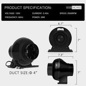 VIVOHOME 4 Inch 195CFM Plastic Round Exhaust Inline Duct Fan for Hydroponics Grow Tent Ventilation