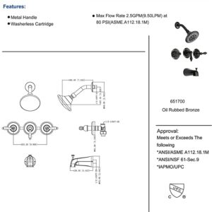 Designers Impressions 651701 Oil Rubbed Bronze Tub Shower Combo Faucet - Three Handle Design and Multi-Setting Shower Head - Convertible