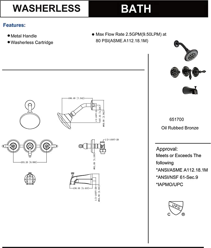 Designers Impressions 651701 Oil Rubbed Bronze Tub Shower Combo Faucet - Three Handle Design and Multi-Setting Shower Head - Convertible