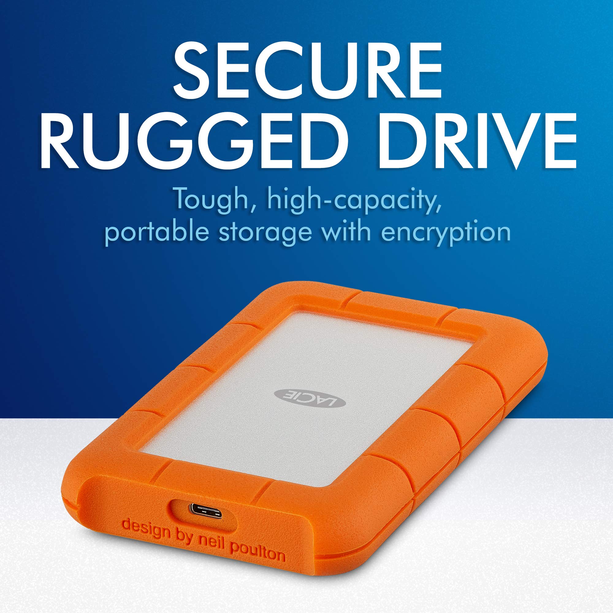 LaCie Rugged Secure 2TB External Hard Drive Portable HDD – USB-C USB 3.0 Drop Shock Dust Rain Resistant Computer Desktop Workstation Laptop Hardware Encryption, 1 Month Adobe CC (STFR2000403)