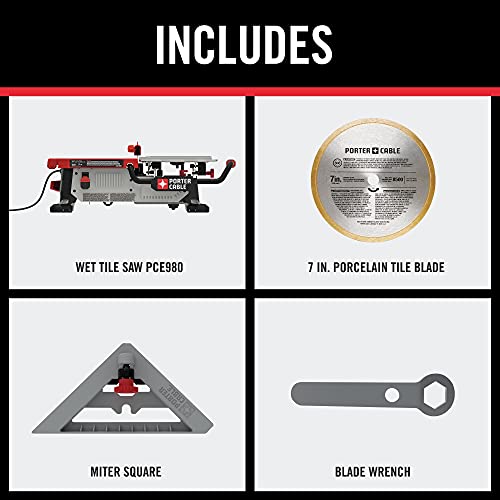 PORTER-CABLE Tile Cutter, Tile Saw, For Remodelers and DIYers, 2,850 RPM, Stainless Steel Deck, Water and Debris Resistant (PCE980)