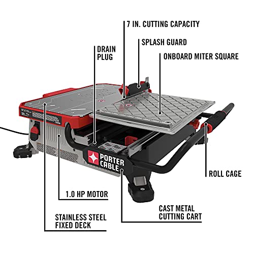 PORTER-CABLE Tile Cutter, Tile Saw, For Remodelers and DIYers, 2,850 RPM, Stainless Steel Deck, Water and Debris Resistant (PCE980)