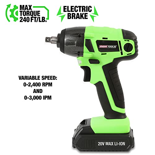 OEMTOOLS 24661 MAX Li-ion 3/8” Cordless Impact Wrench, 20V Battery Impact Gun, Cordless with Battery Charger, 240 Ft/Lb Nut-Busting Torque, Variable Speed With Electric Brake