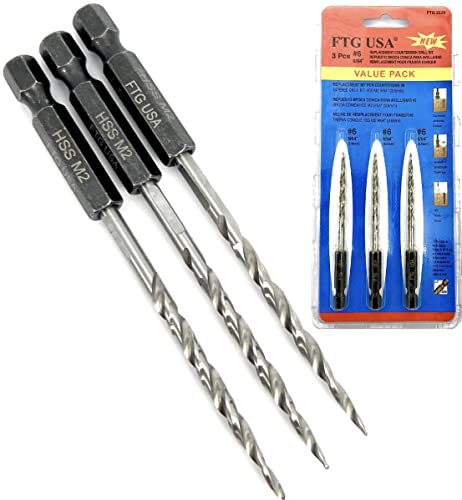 FTG USA Replacement Tapered Countersink Drill Bit Set 3 Pc (#6) 9/64" Countersink Bit Same Size Bit Replacement Only, Countersink Replacement Drill Bit for Wood Counter Sinker Drill Bit Set